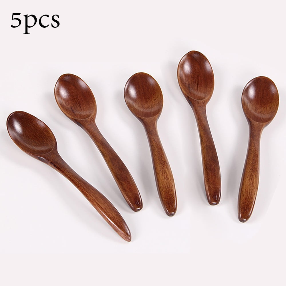 LITTLE HOME Natural Wooden Cooking Spoons Set of 5 - 14cm Handcrafted ...