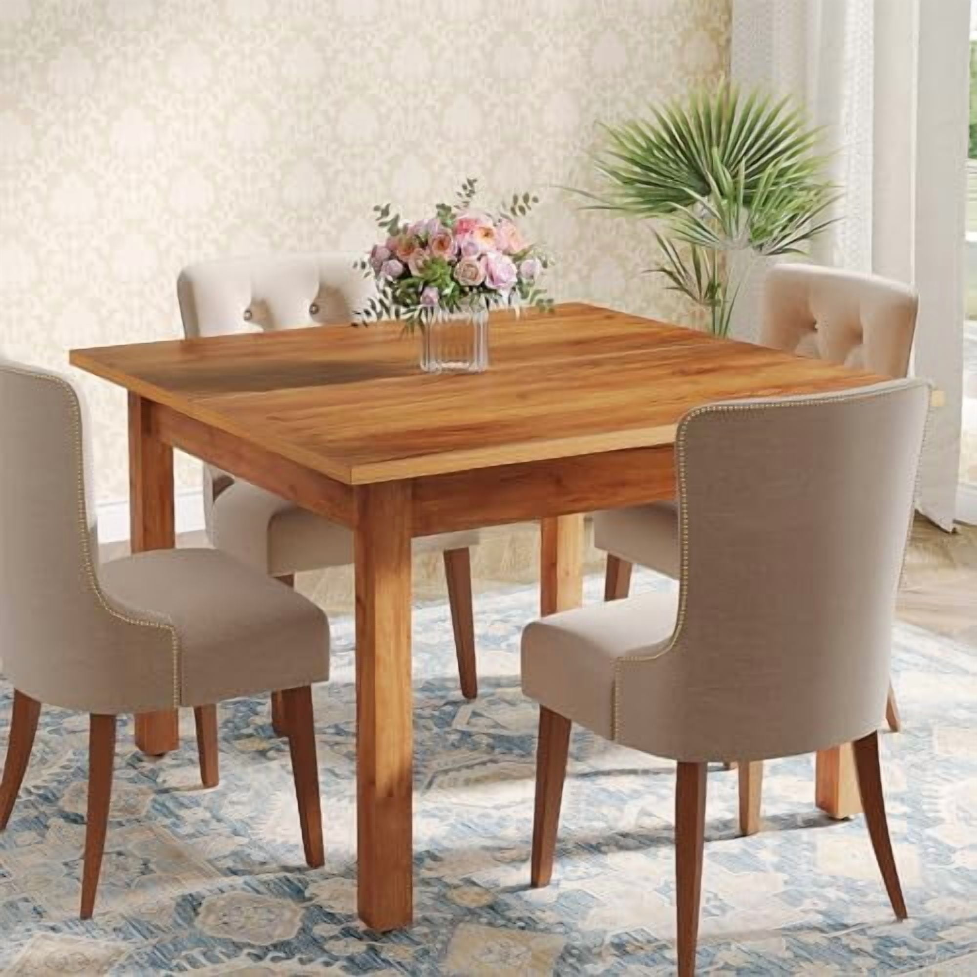 LITTLE TREE 39 Inches Square Dining Table for 4 People, Brown Wooden ...