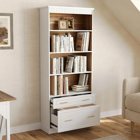 LITTLE TREE 72-Inch Tall White Bookcase, 5-Tier Wooden Open Display ...