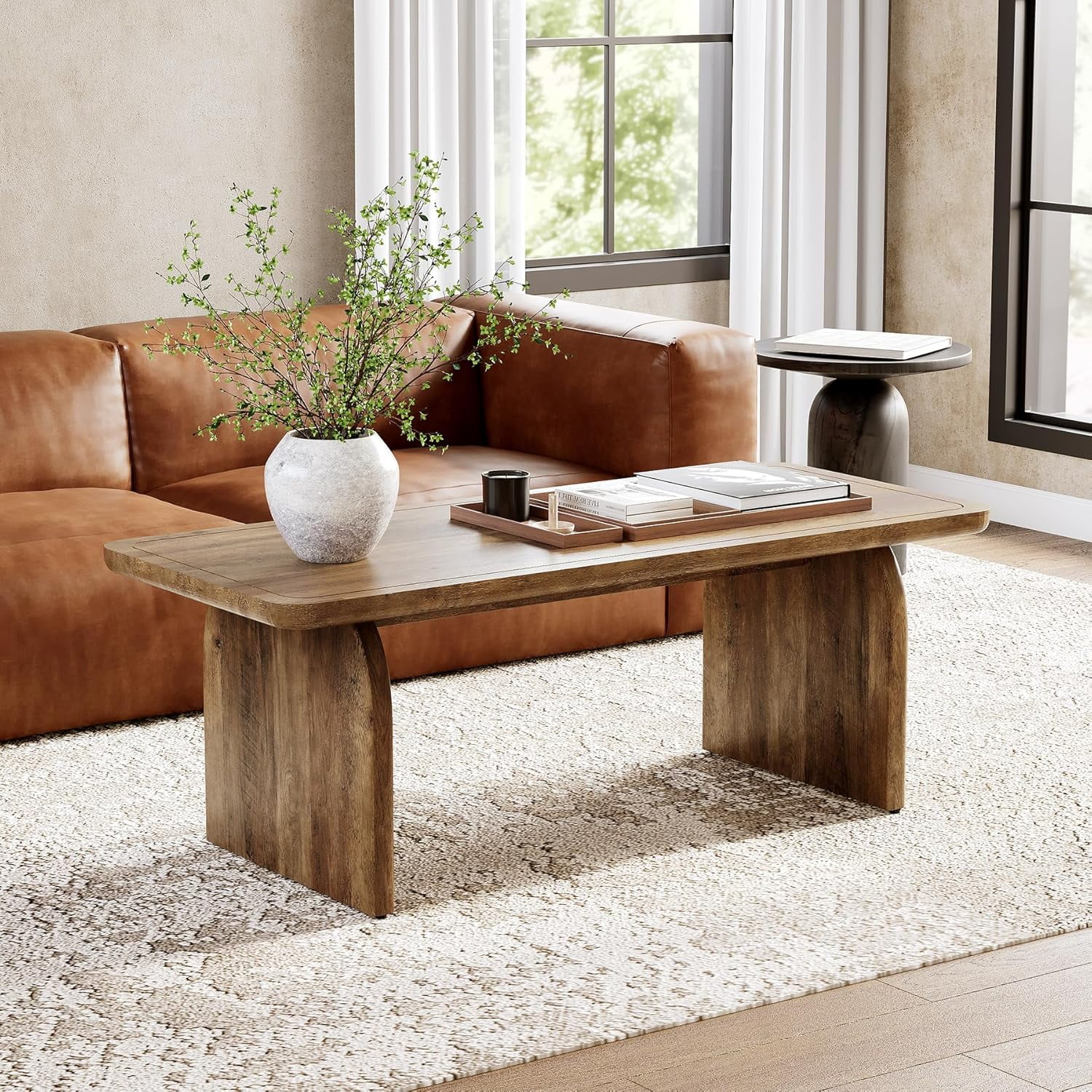 LITTLE TREE Farmhouse Coffee Table, 47 Inches Wooden Center Tables with ...