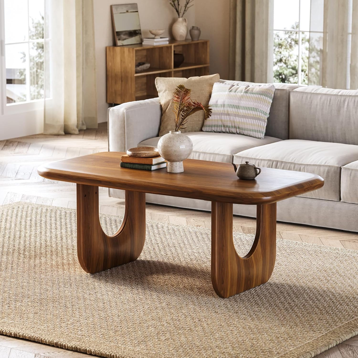 LITTLE TREE Farmhouse Coffee Table, 47 Inches Wooden Rectangular Center Tables with Rounded ...