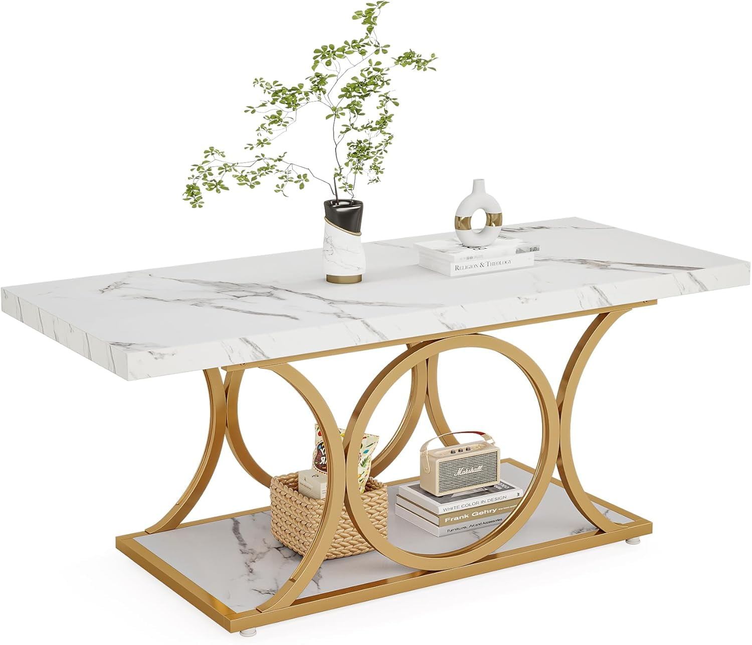 LITTLE TREE White Rectangle Coffee Table, 47 Inches Modern Coffee ...
