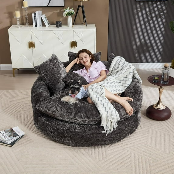 LITVZ Oversized Round Chaise Lounge Indoor, Comfy Round Boneless Sofa Chair with Extra Deep Seat ...