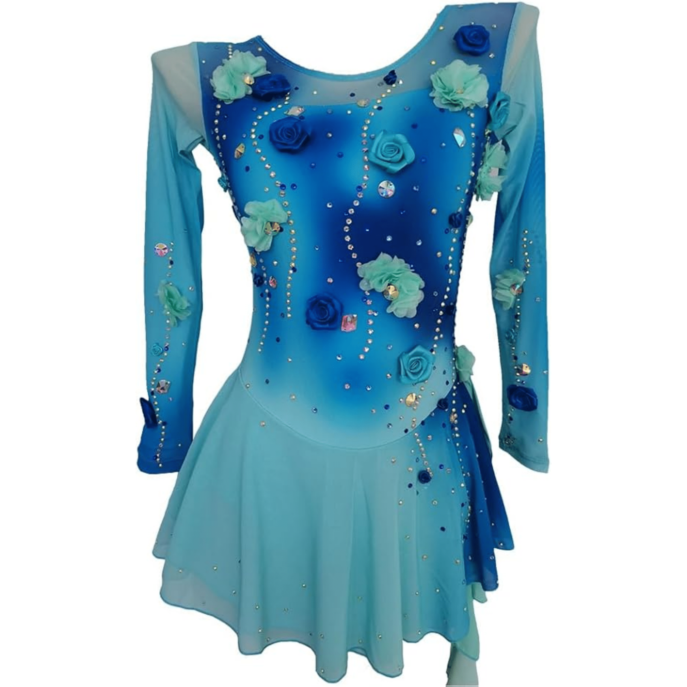 LIUHUO Figure Skating Dress Blue-Green Gradient 3D Stereoscopic Flower Competition Performance ...