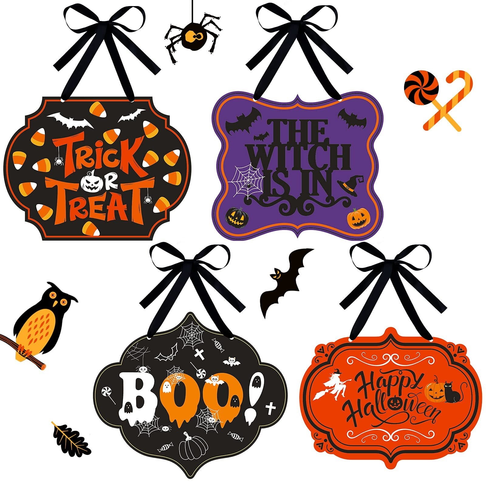 LIUJUAN 4 Pcs Halloween Felt Hanging Signs for Wreaths Happy Halloween ...