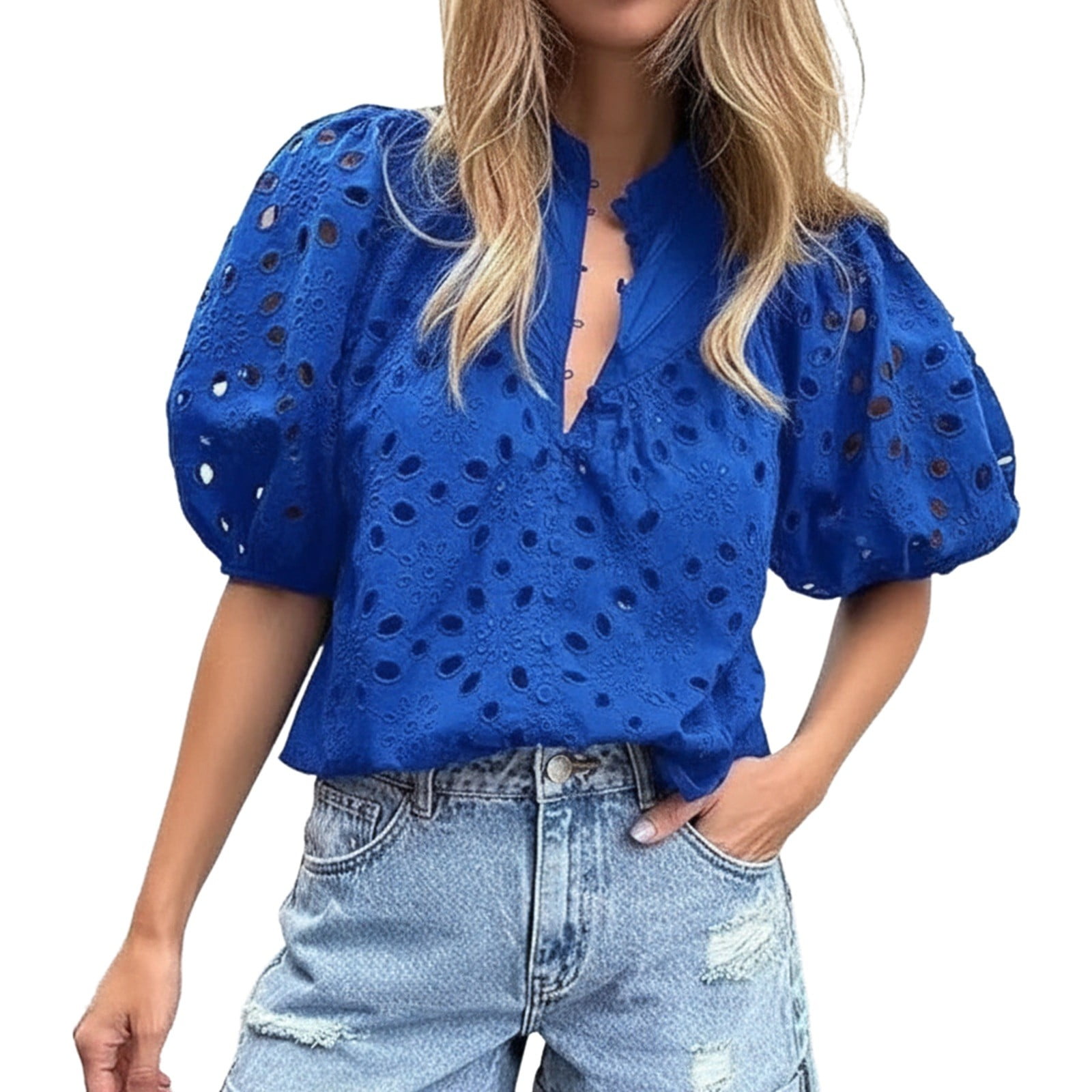 LIUJUNSHOP Womens Blouses Summer Hollow Out Eyelet Embroidery Tops V ...
