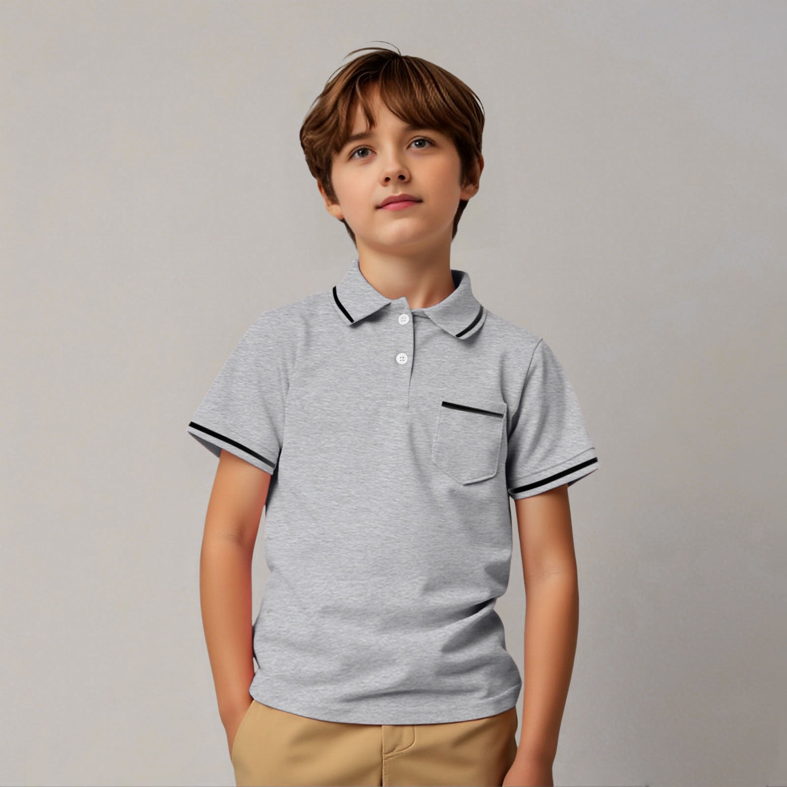 LIUYUNNN Kids Boys' Polo Shirts Short Sleeve Boys Light Gray Button up ...