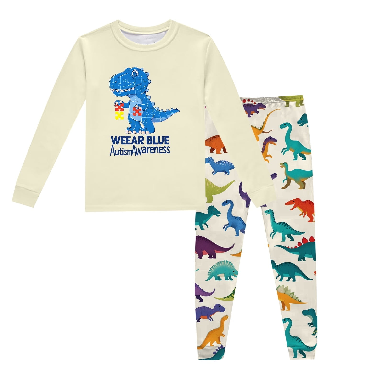LIUYUNNN Kids Girl Pajamas Set Beige Dinosaur Crewneck Top Trousers ...