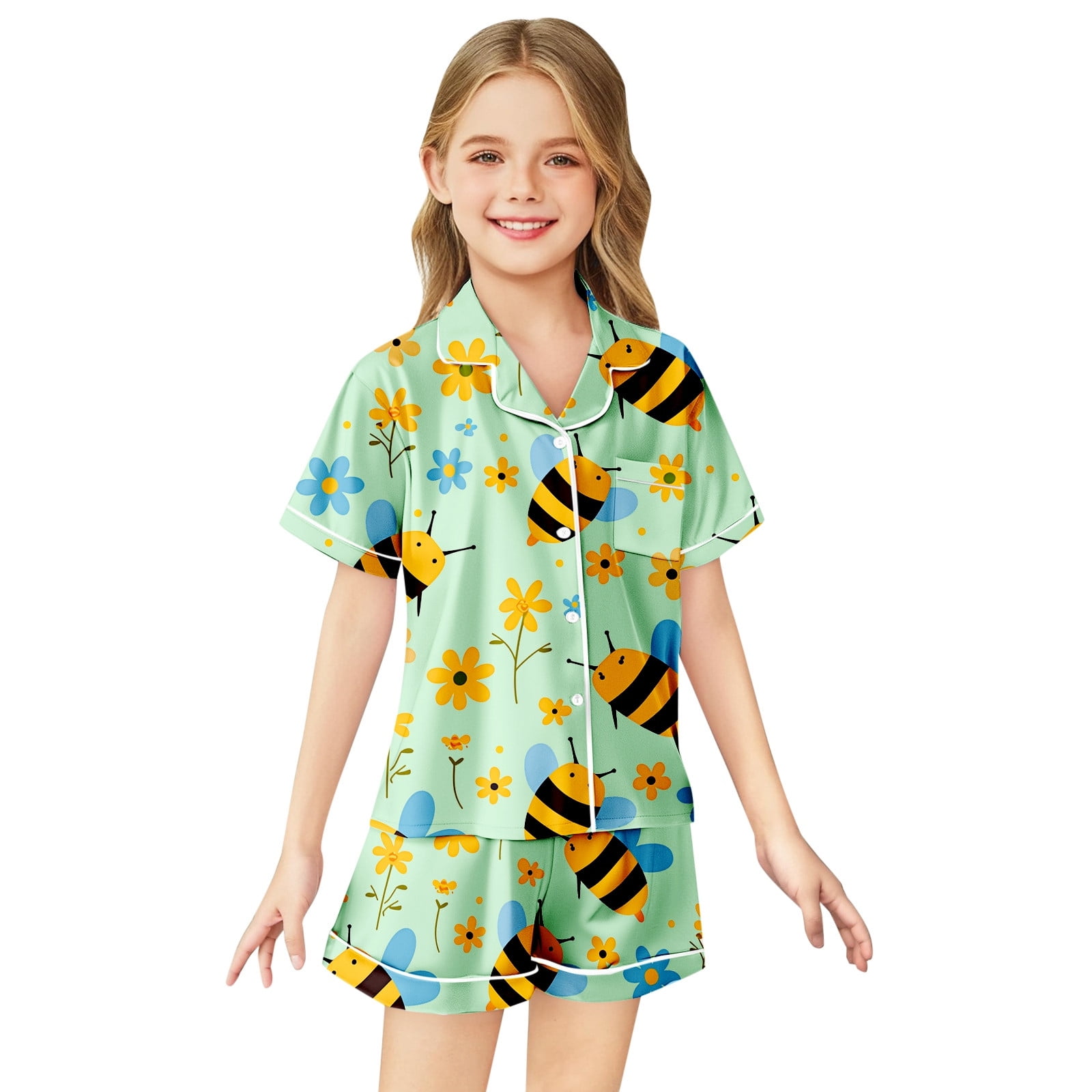 LIUYUNNN Kids Girl Satin Pajamas Set Bee Button Down Homewear Set ...