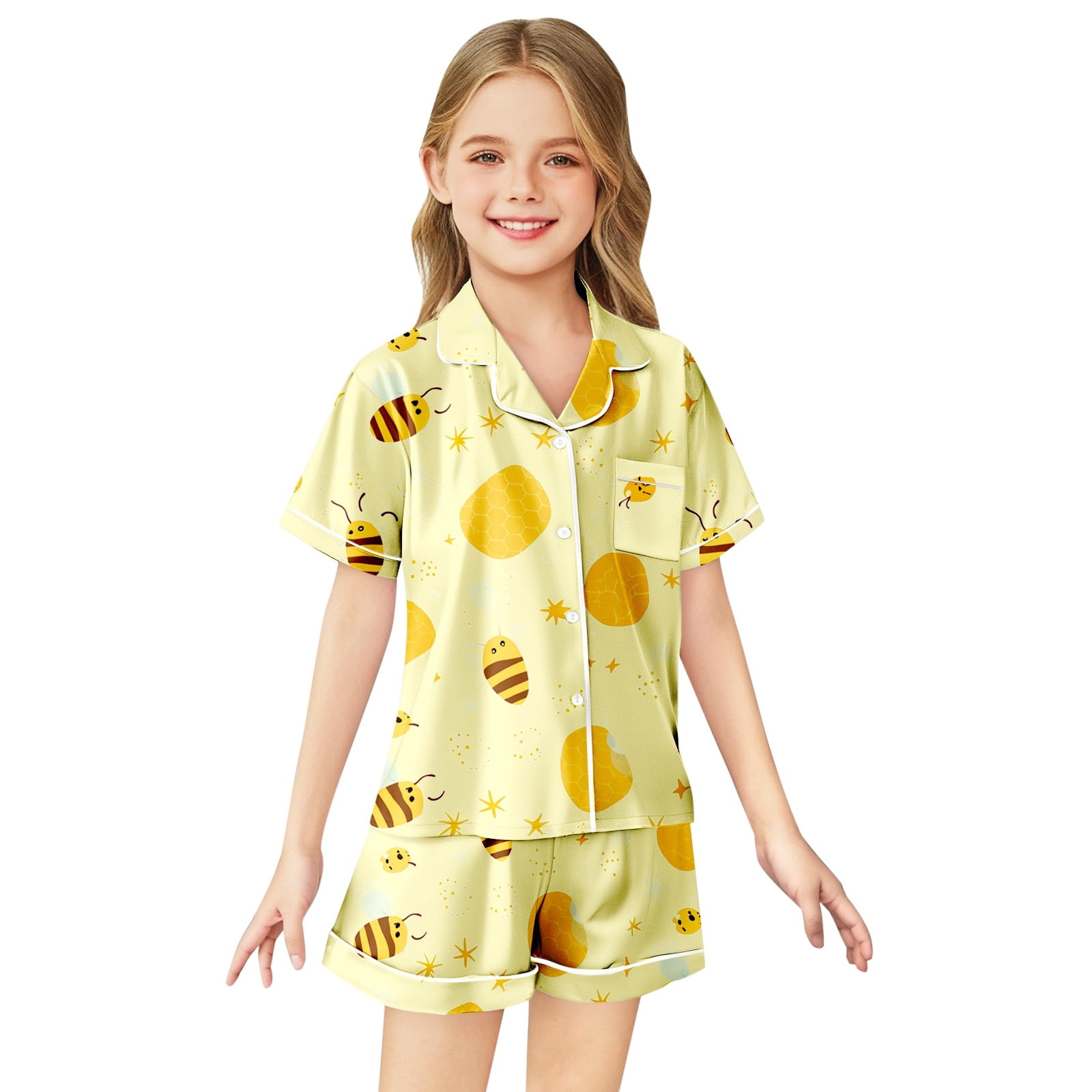 LIUYUNNN Kids Girl Satin Pajamas Set Bee Button Down Homewear Set ...