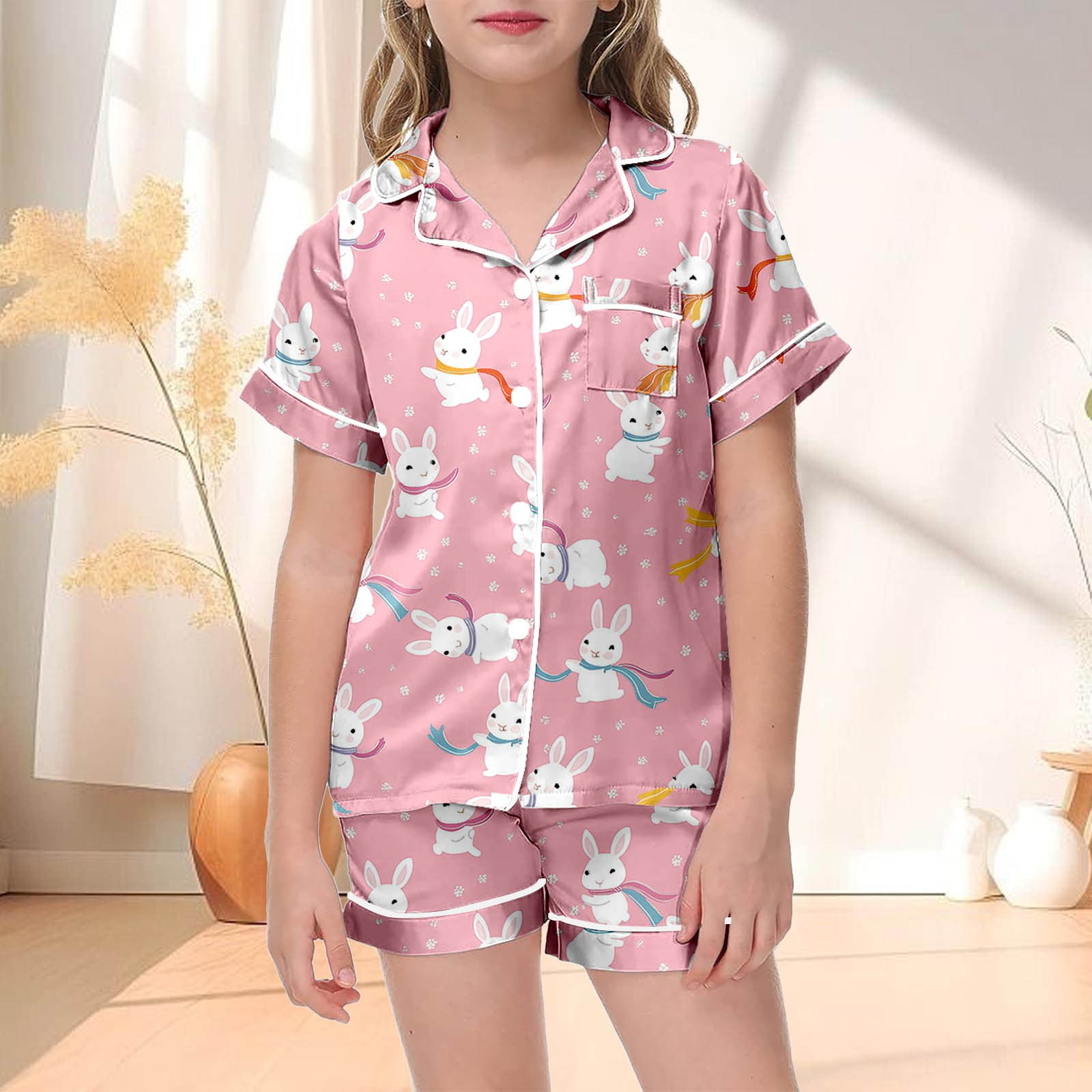 LIUYUNNN Kids Girl Satin Pajamas Set Bunny Girls Button Down Pajamas ...