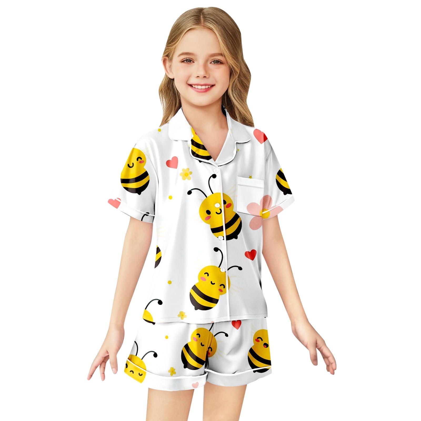 LIUYUNNN Kids Girl Silk Pajamas Set Bee Button Down Sleepwear Set Kids ...
