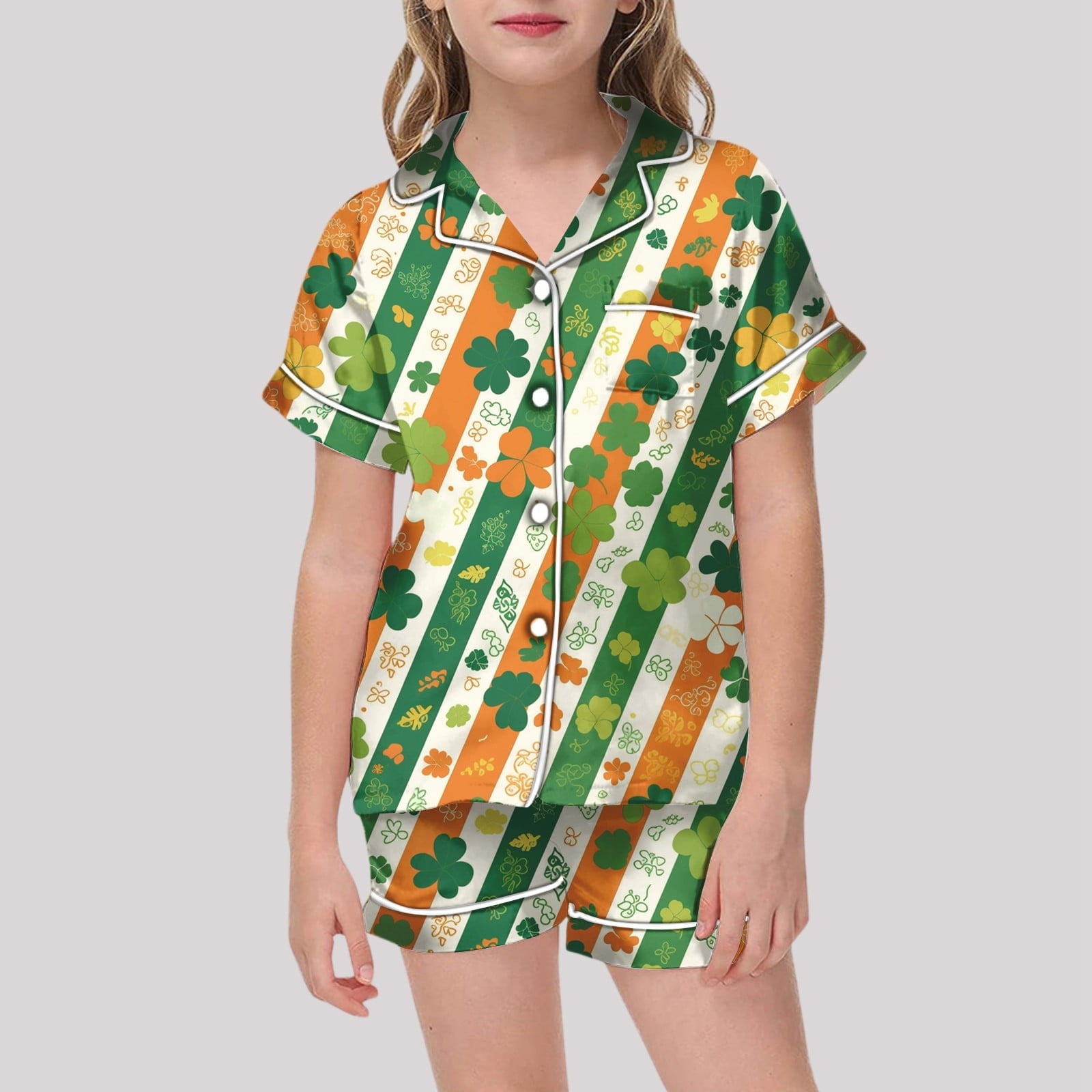 LIUYUNNN Kids Girls Pajama Set Four Leaf Clover Button Down Sleepwear ...