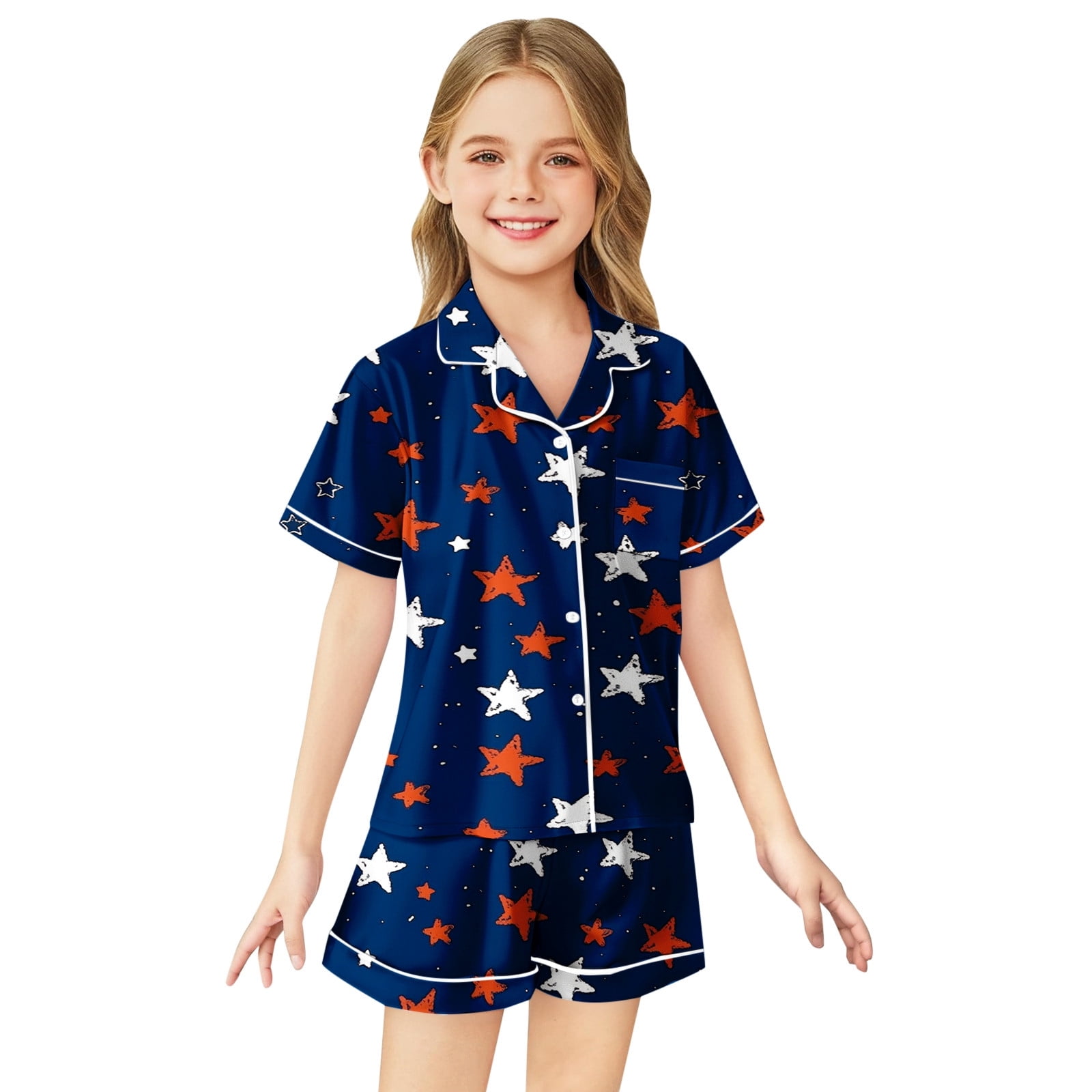 LIUYUNNN Kids Girls Satin Pajamas Set Cartoon Button Down Solid Tops T ...
