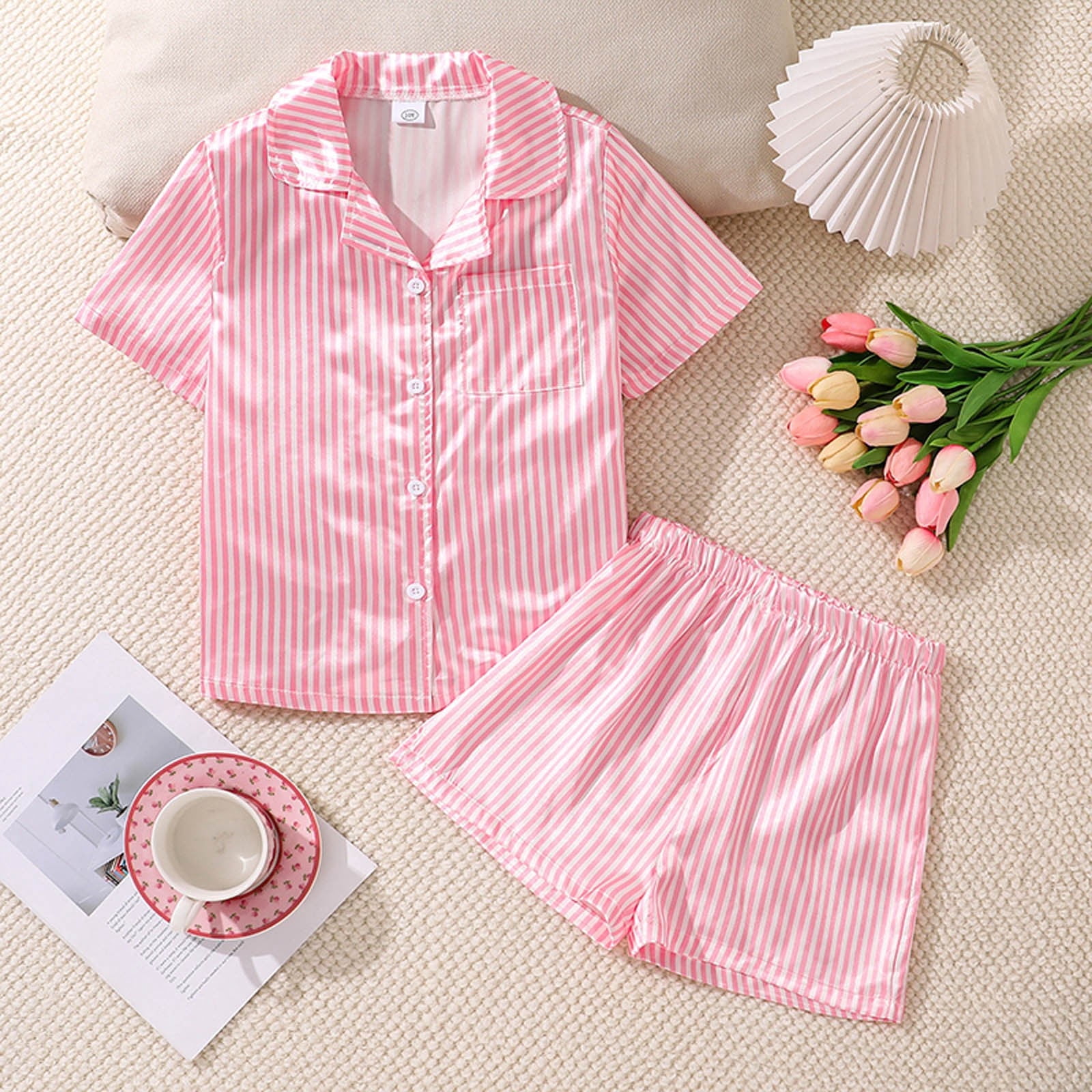 LIUYUNNN Kids Girls Satin Pajamas Set Red Striped Girls Button Down ...