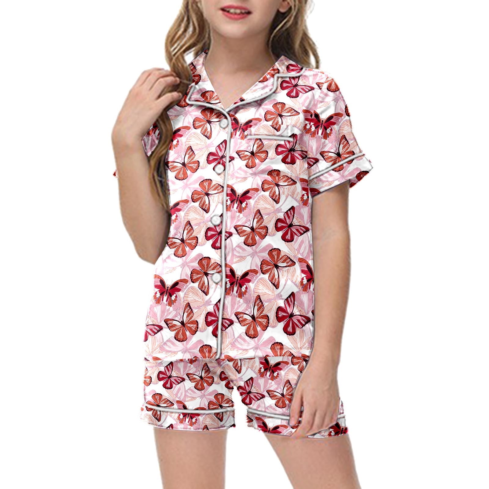 LIUYUNNN Kids Satin Pajamas Butterfly Girls Button Down Pajamas Set ...