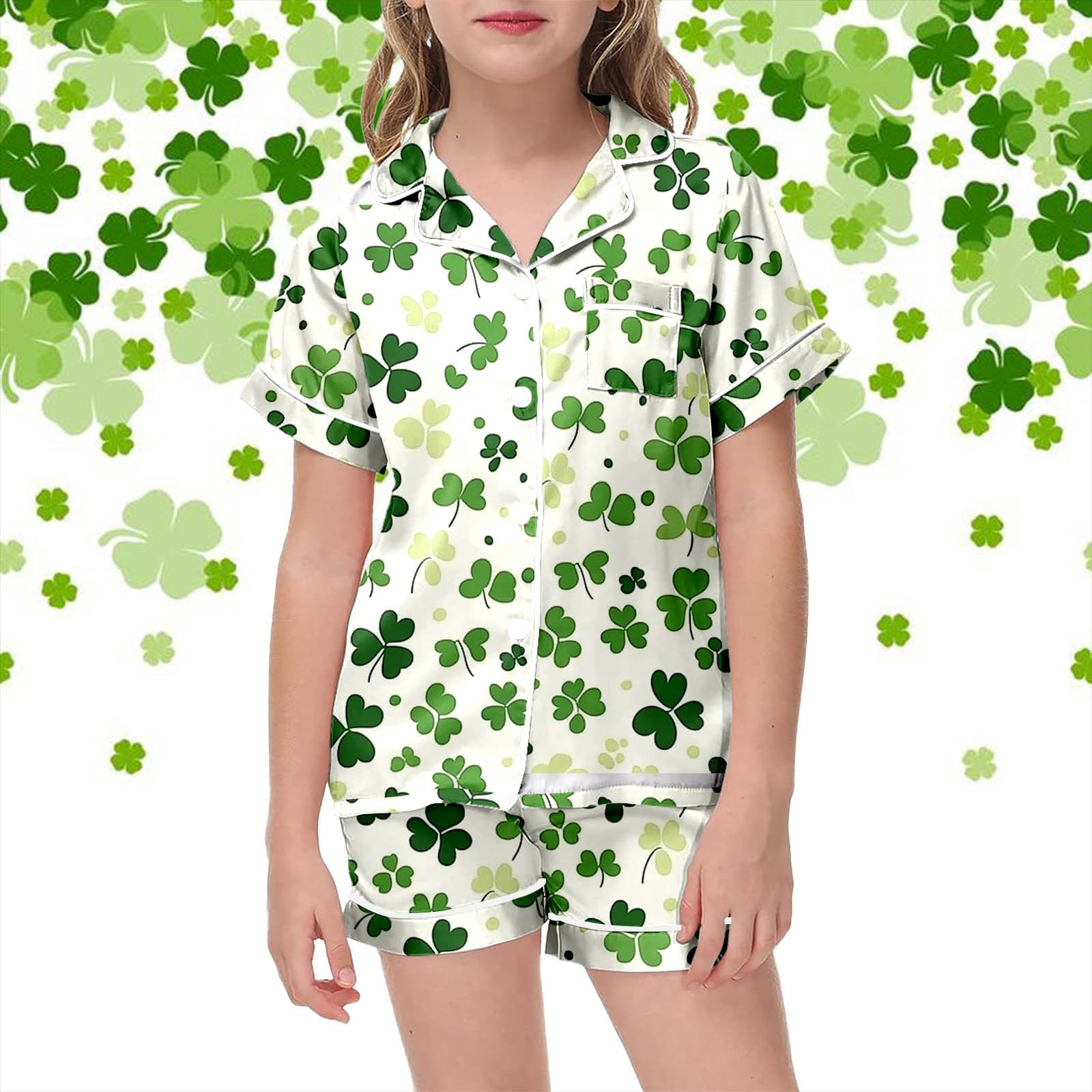 LIUYUNNN Kids Satin Pajamas Clover Girls Button Down Pajamas Set Pjs ...