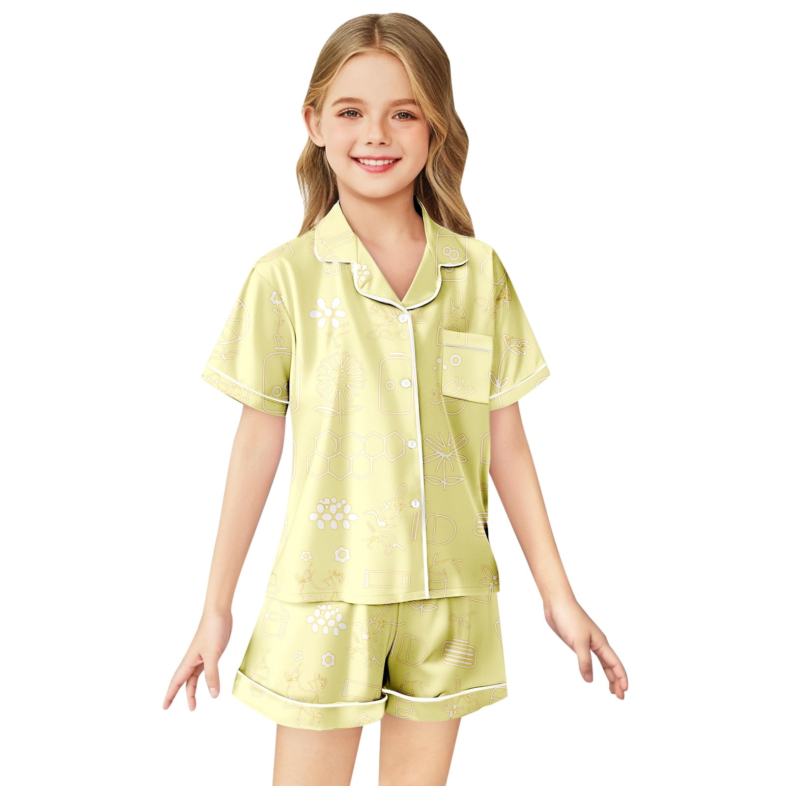 LIUYUNNN Kids Satin Pajamas for Girls Bee Button Down Tops Set Classic ...