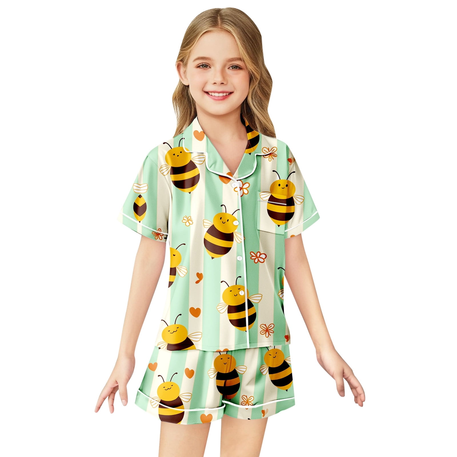LIUYUNNN Kids Satin Pajamas for Girls Bee Kids Button Down Pajamas Set ...