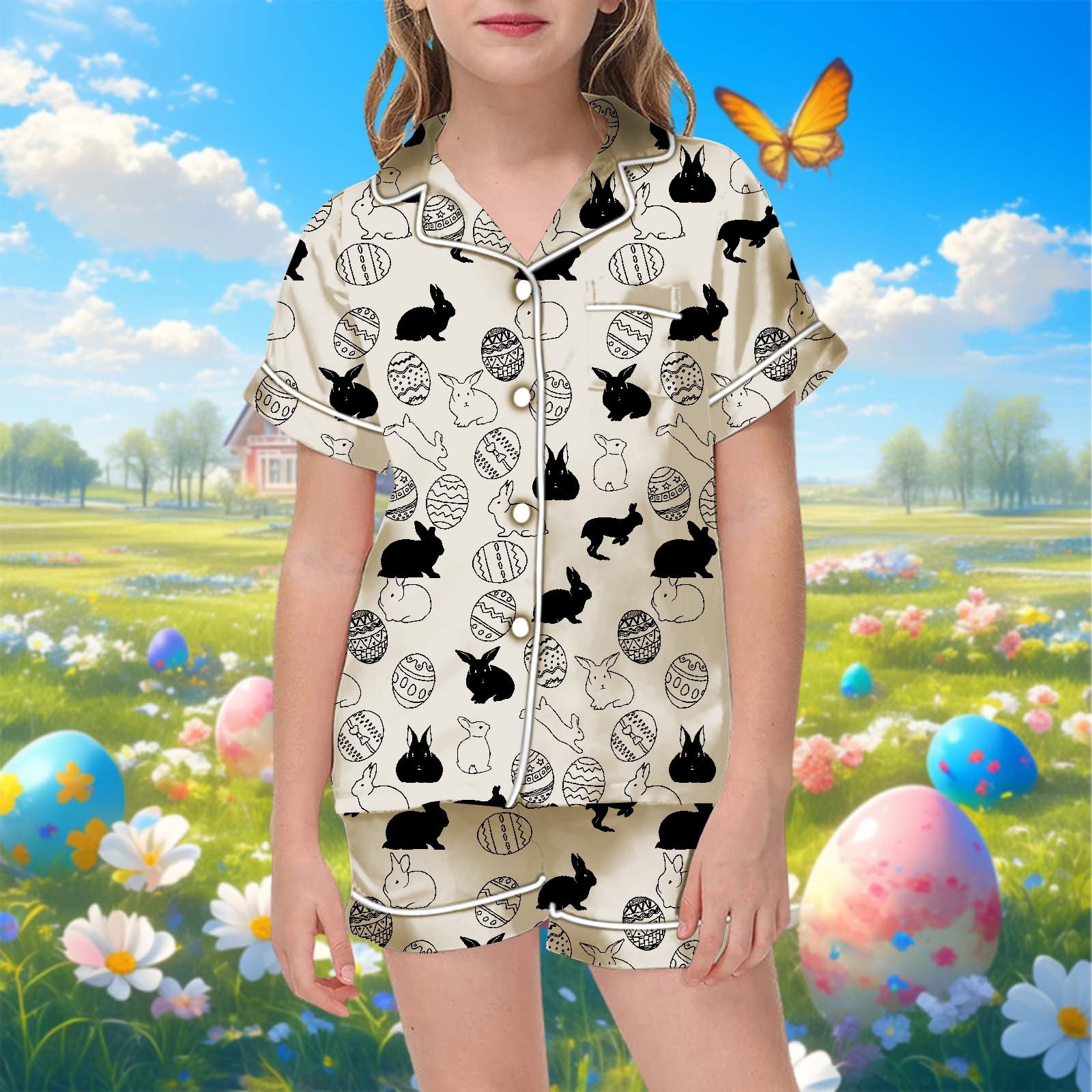LIUYUNNN Kids Silk Pajama Set for Girls Boys Bunny Girls Button Down ...