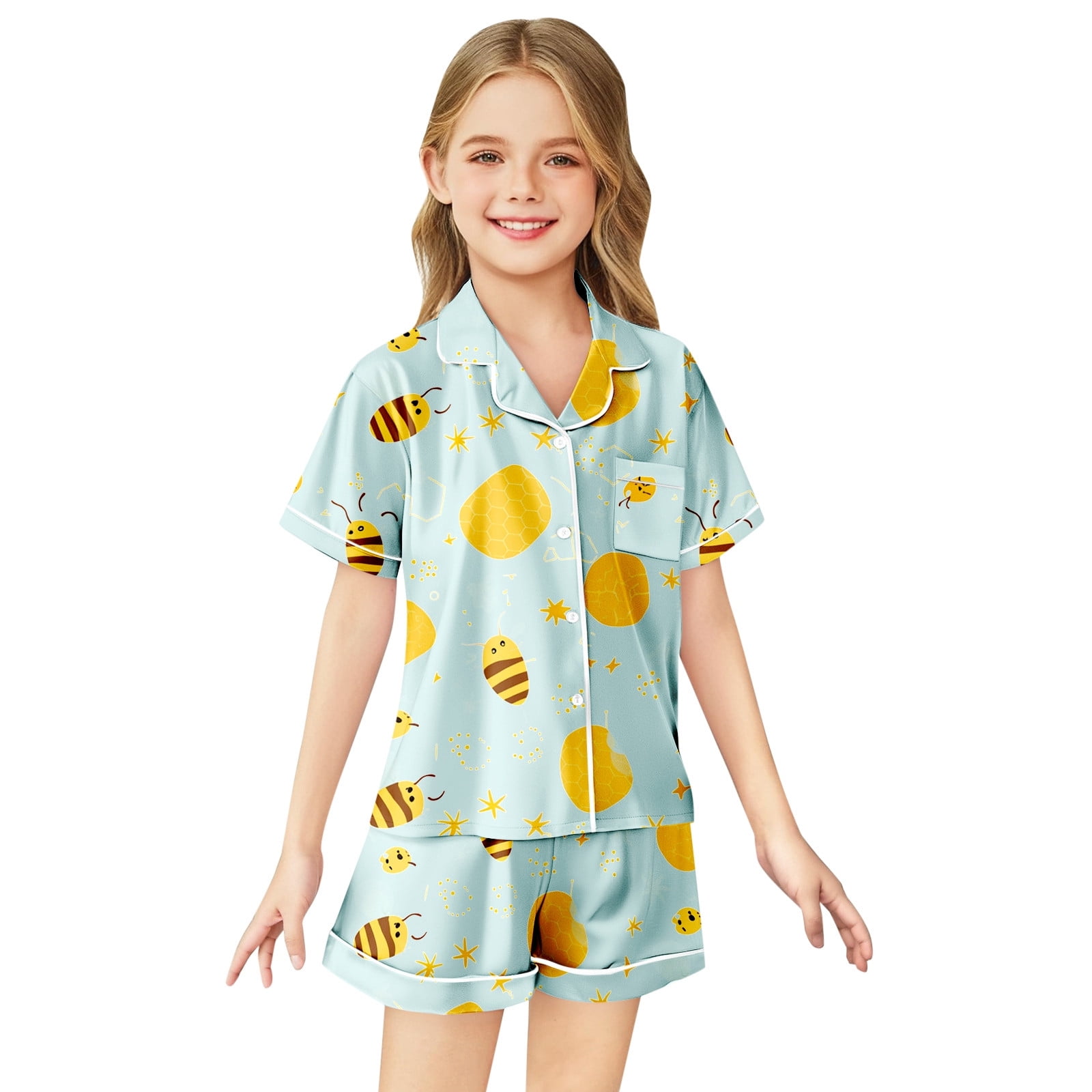 LIUYUNNN Kids Silk Pajamas Girls Bee Button Down Homewear Set Sleepwear ...