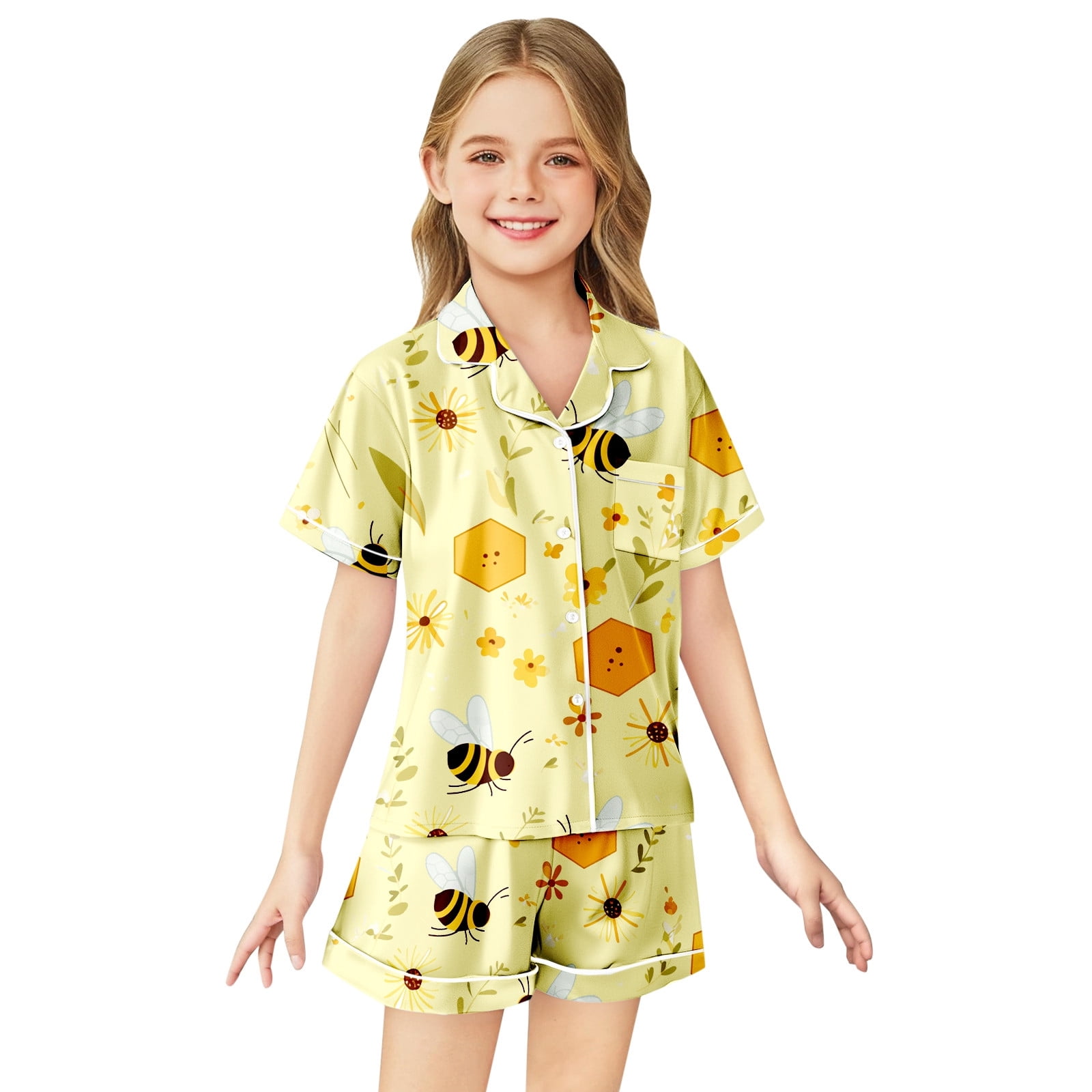 LIUYUNNN Kids Silk Pajamas Girls Bee Button Down Tops Set Toddler ...