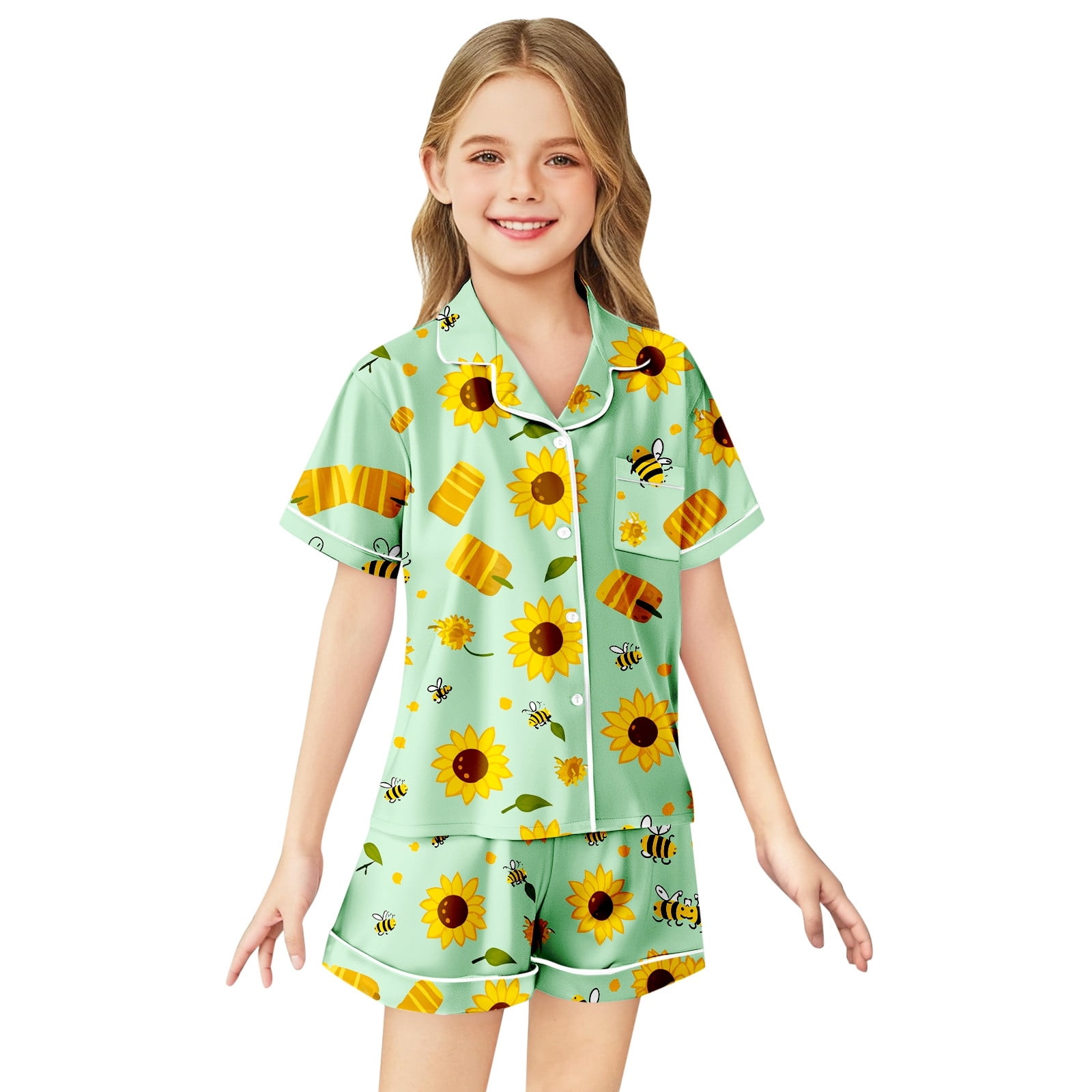 LIUYUNNN Kids Silk Pajamas Girls Bee Girls Button Down Pajamas Set ...