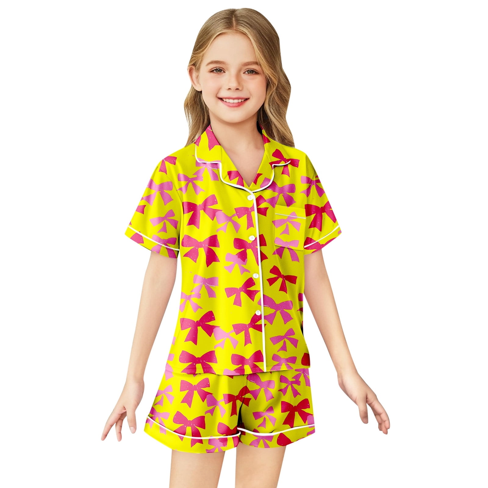 LIUYUNNN Kids Silk Pajamas Girls Bow Tie Button Down Tops Set Classic ...