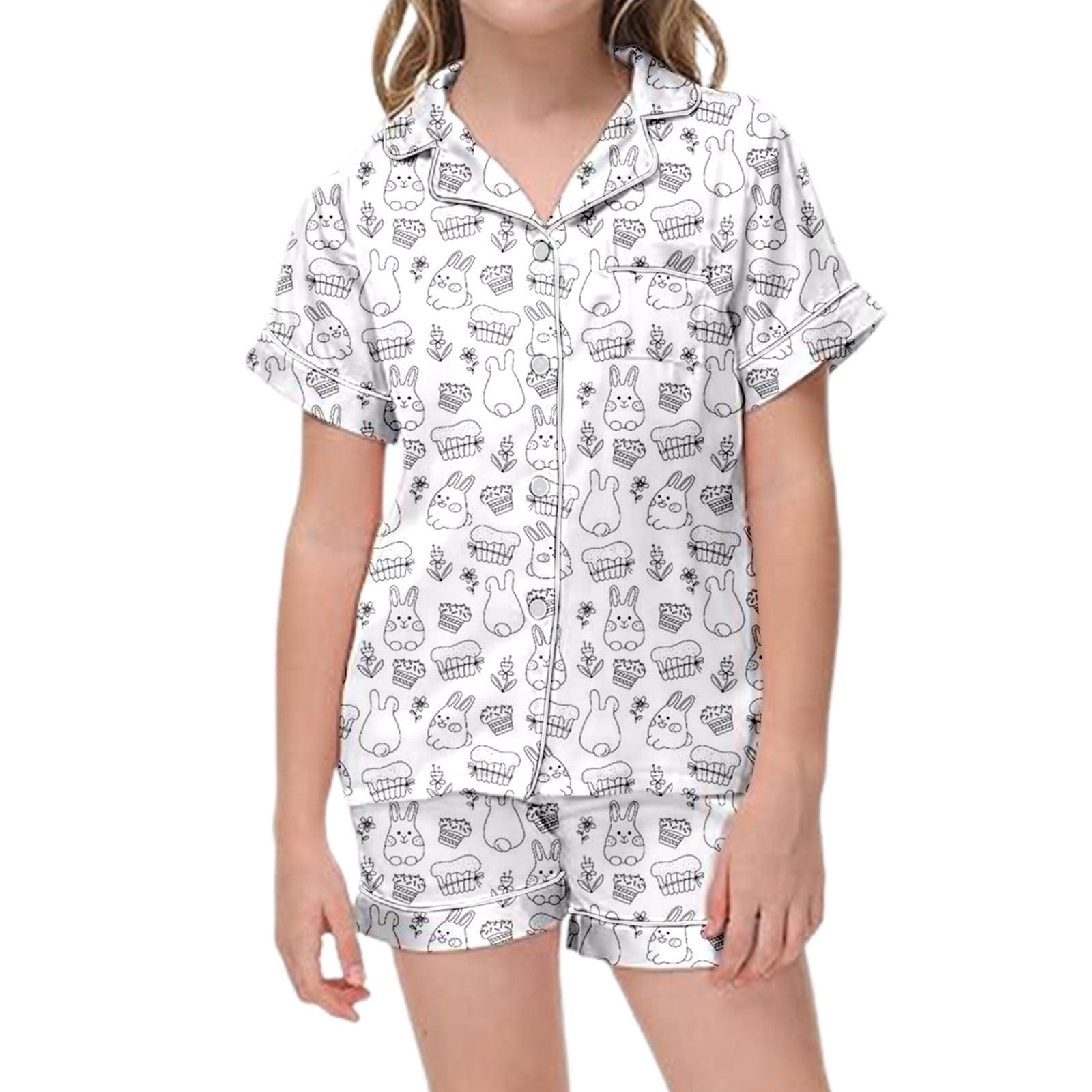 LIUYUNNN Kids Silk Pajamas Girls Cartoon Egg Button Down Tops Set ...