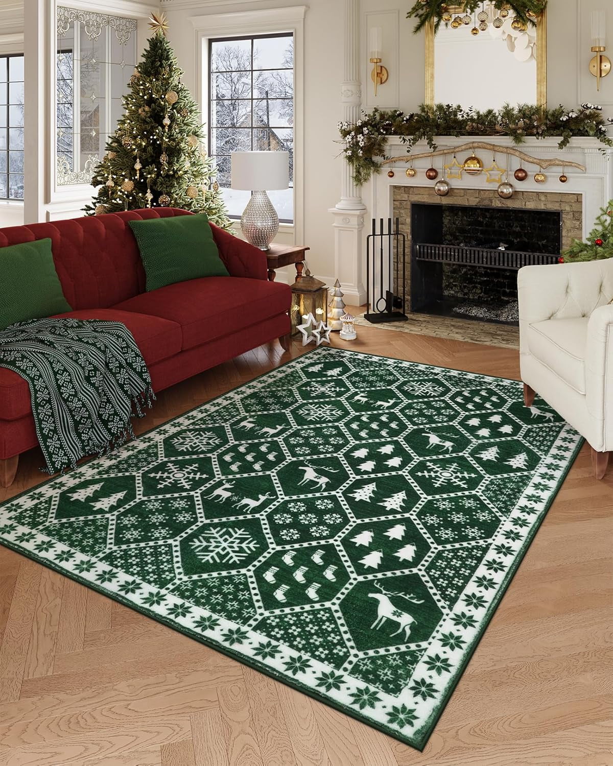Lahome Christmas Area Rug 5'x7'Snowflake and Xmas Tree Boho Floor Cover ...