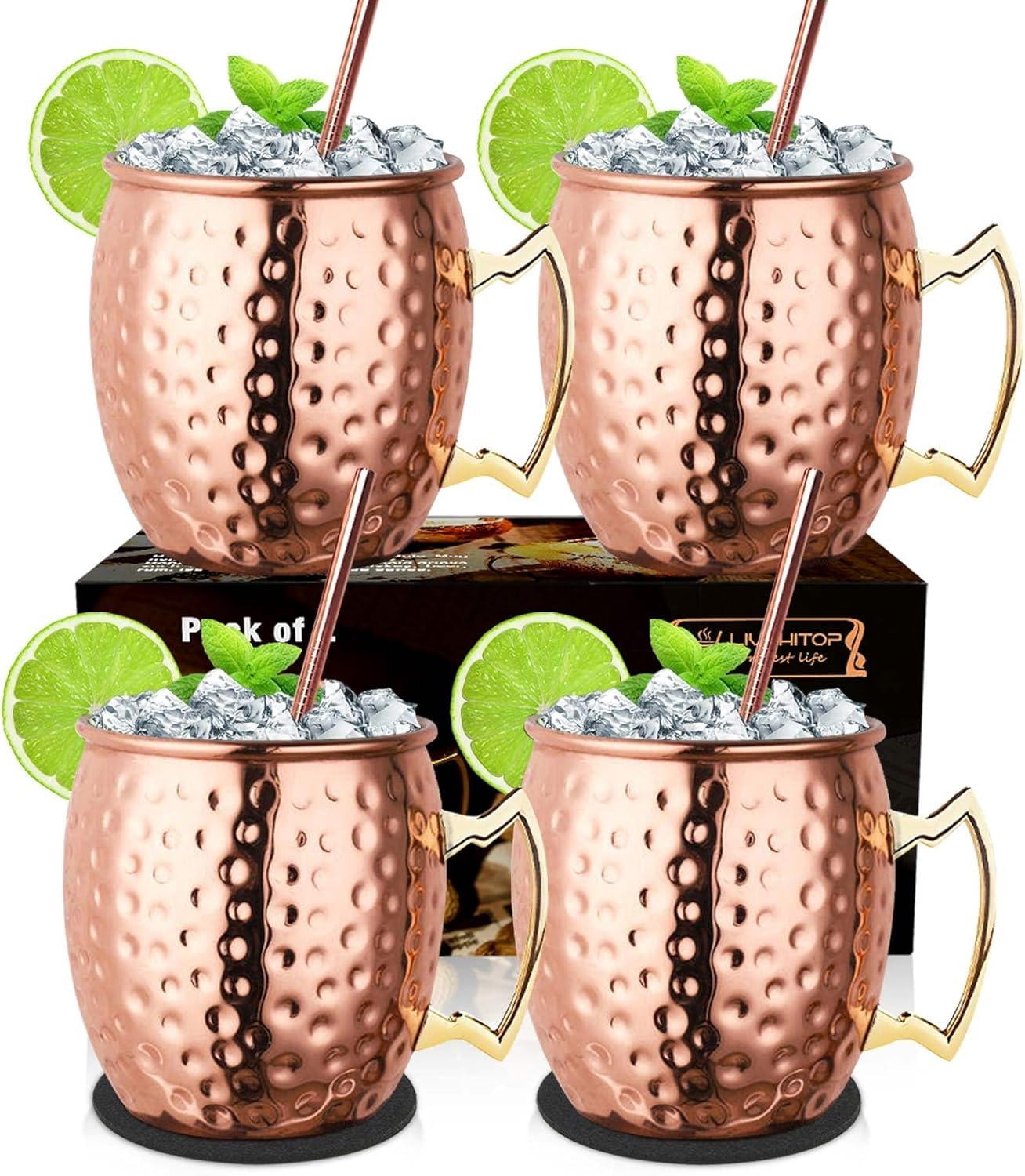 LIVEHITOP Moscow Mule Mugs Set of 4, Handcrafted Copper Cocktail Cups ...