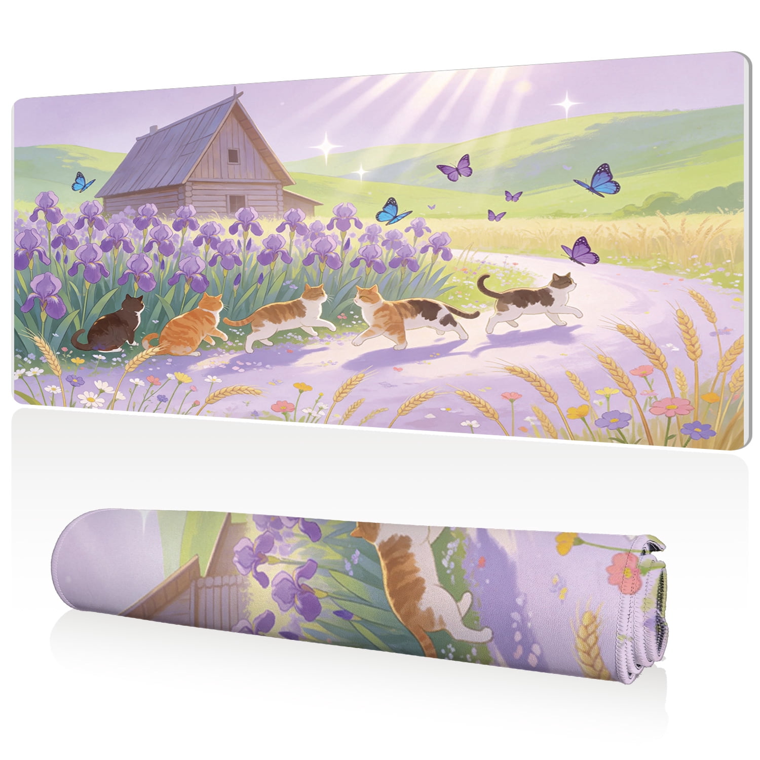 LIVEKEY Extra Large Mouse Pad Cats in Purple Iris Field 80x40x0.3cm ...