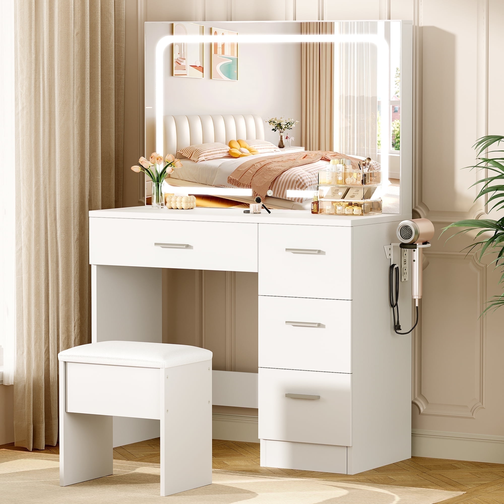 LIVELYGLOW Vanity Set with Mirror&Stool,Makeup Vanity Set with Power ...