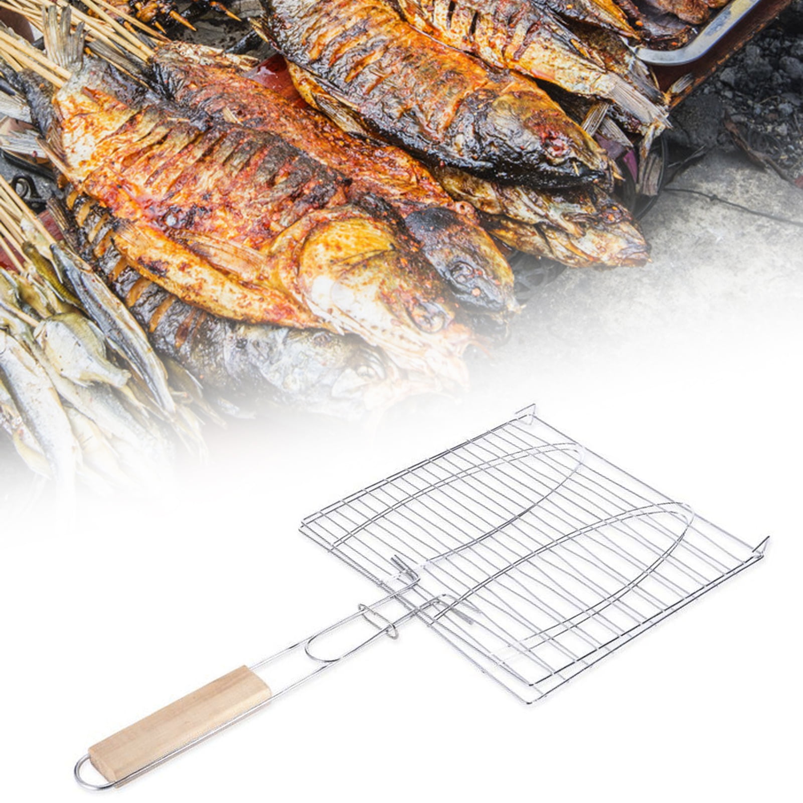LIVEST Grill Net Clamp Classic Fish-shaped Long Handle Practical Fish ...