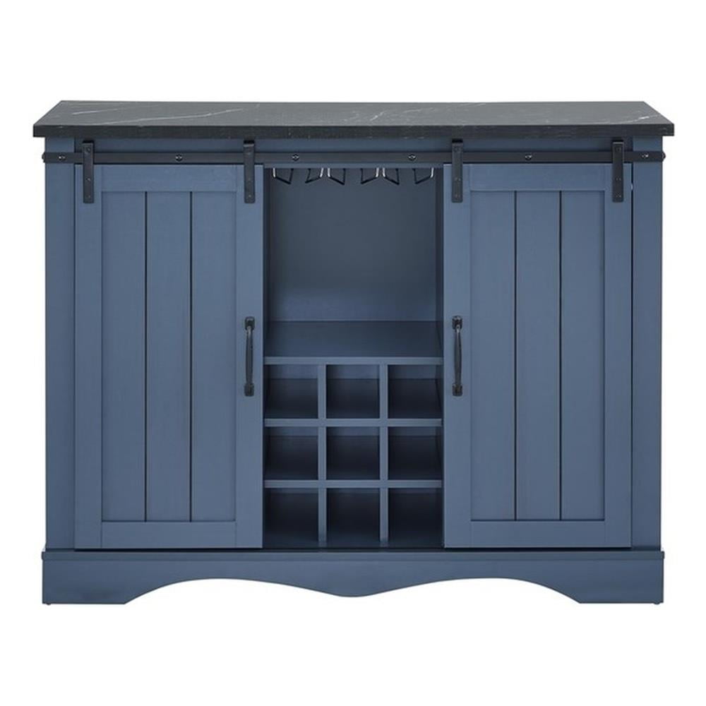 LIVILAND 47 in. Navy Buffet Bar Cabinet Barn Door w/ Marbling Pattern ...