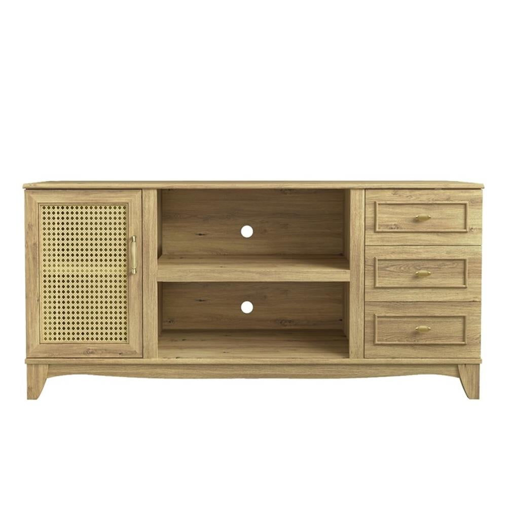 LIVILAND 60 in. Beige Natural Wood TV Stand for TV up to 65 in. w ...