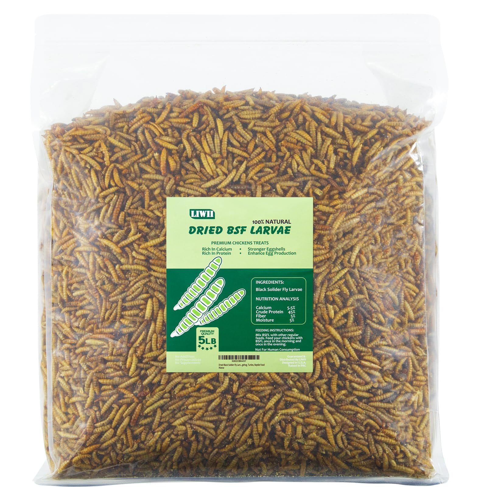LIWII 5LB Dried TWE5 Black Soldier Fly Larvae, 86X Calcium Than Dried Mealworms, High Protein ...
