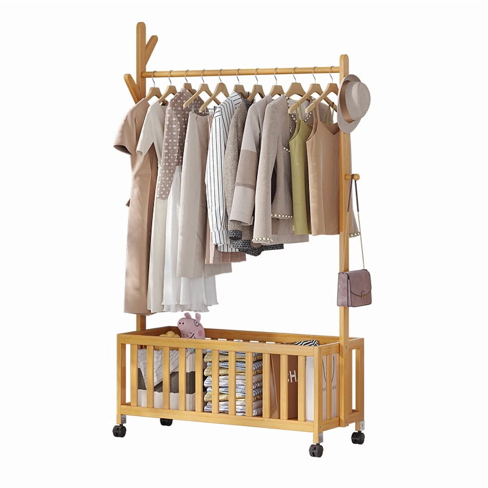 LIXI Coat Rack with Wheels, Portable Clothes Organizer with Storage Box ...
