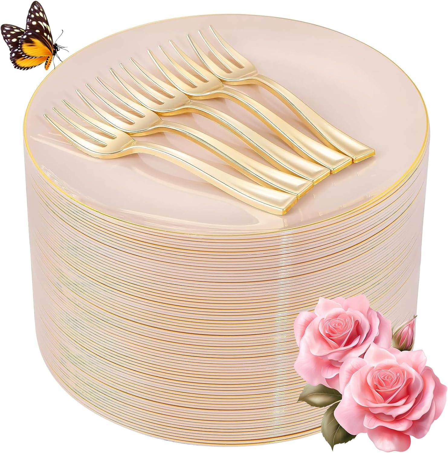 LIYH 100 Pcs Gold Dessert Plates and 100 Pcs Gold Plastic Forks, White ...