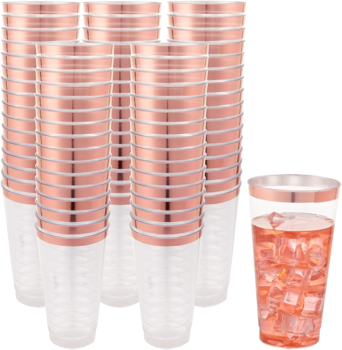 LIYH 100 Pcs Rose Gold Plastic Cups 16 oz - Clear Plastic Tumblers Rose Gold Rimmed Cups Fancy ...
