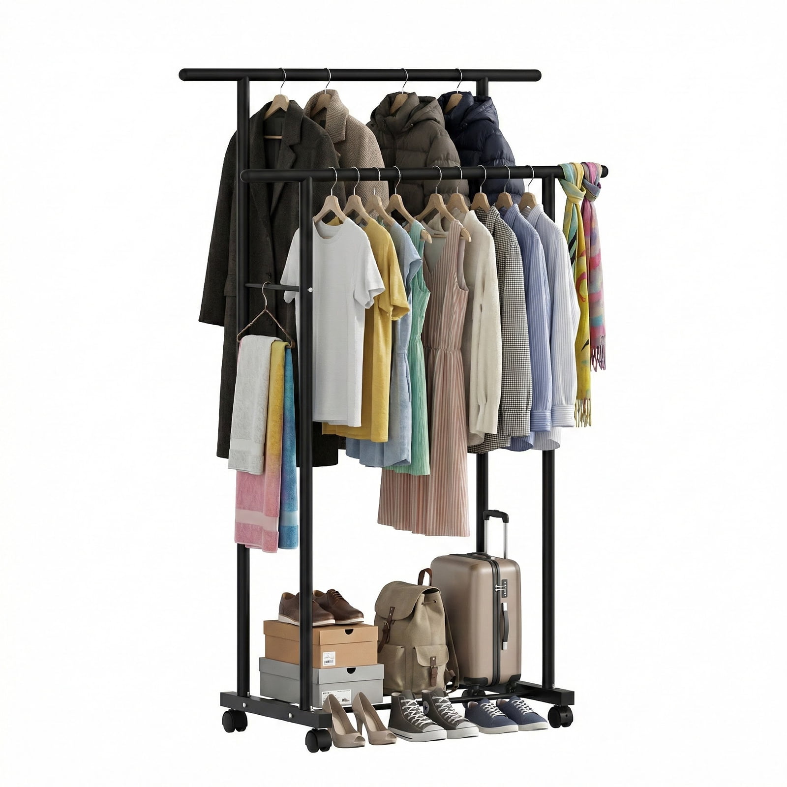 LIZEVINC Double Rod Clothes Rack with Shelf, Metal Garment Rack ...