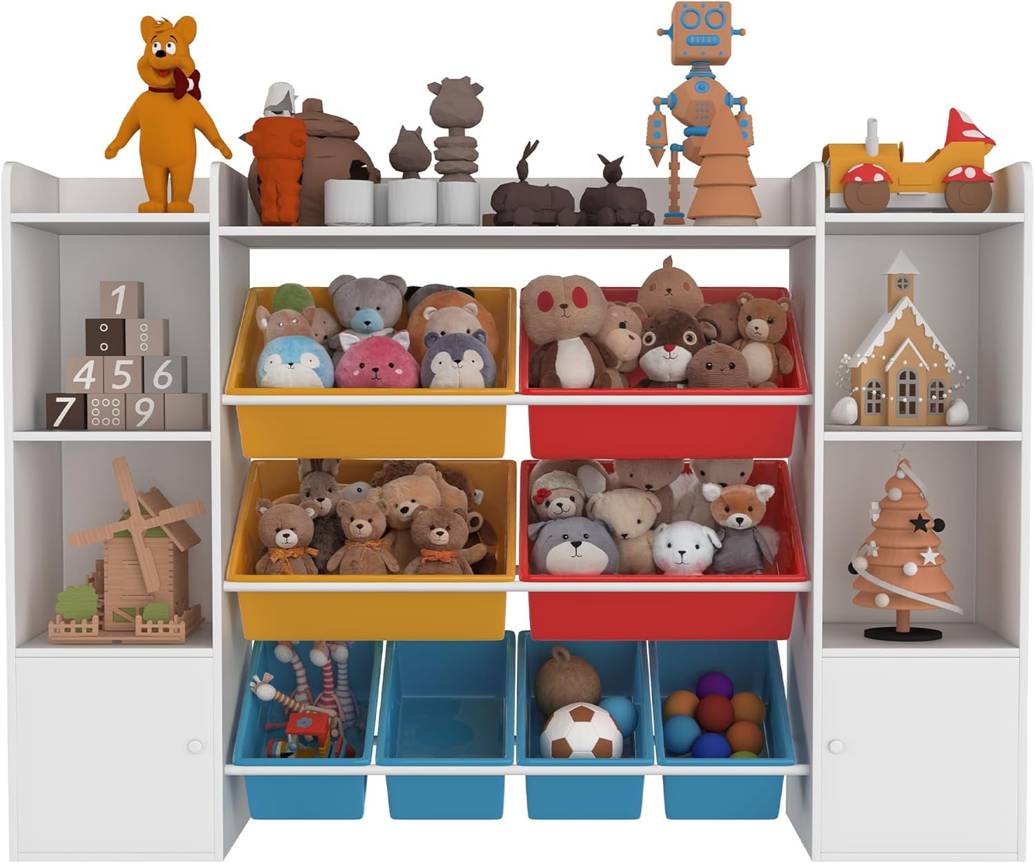 LIZHOUMIL Kids Toy Storage Organizer with 8 Bins, Bookshelf & Cabinet ...