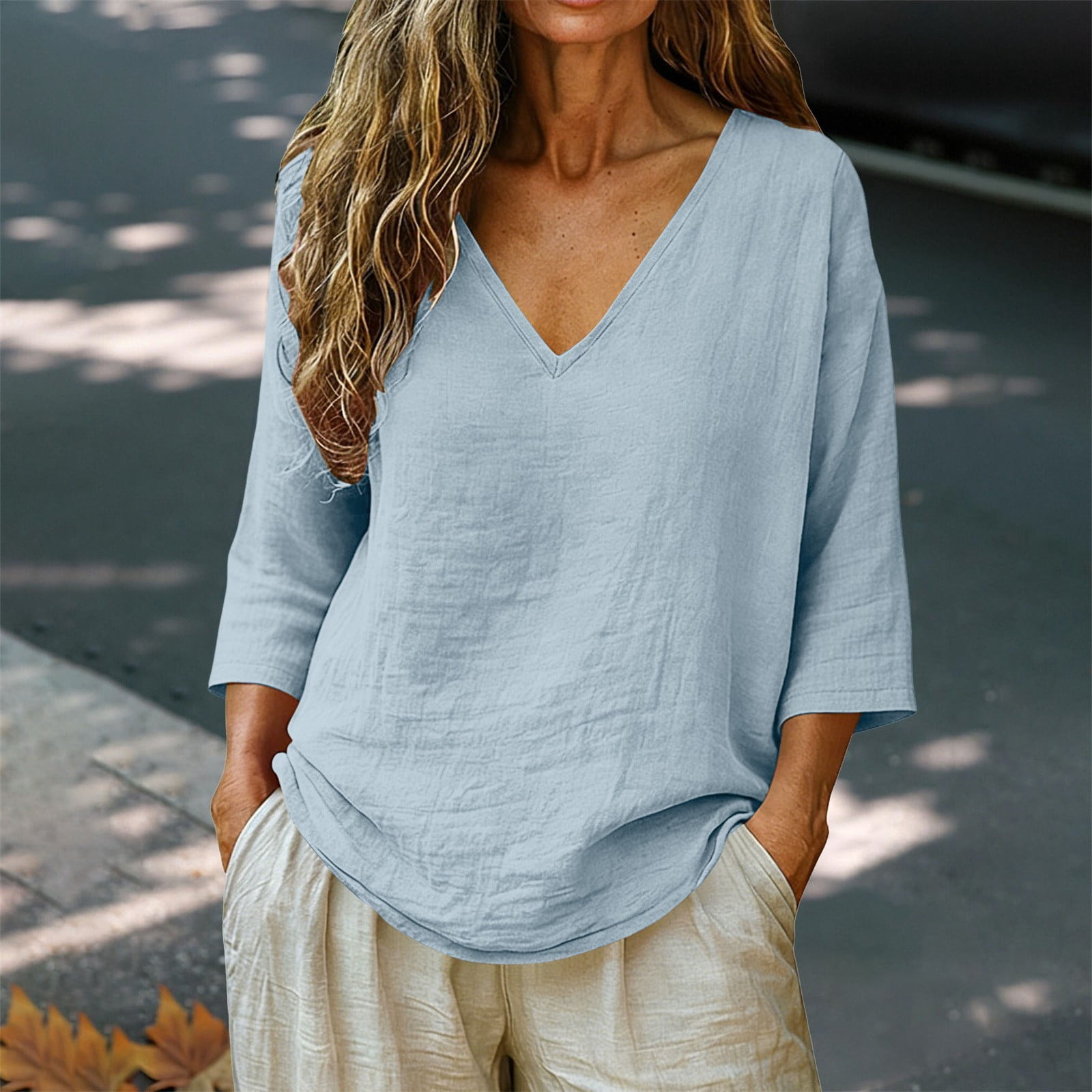 LIZUOJUN Womens Linen Shirts 3/4 Sleeve V Neck Shirt Lightweight Cotton ...