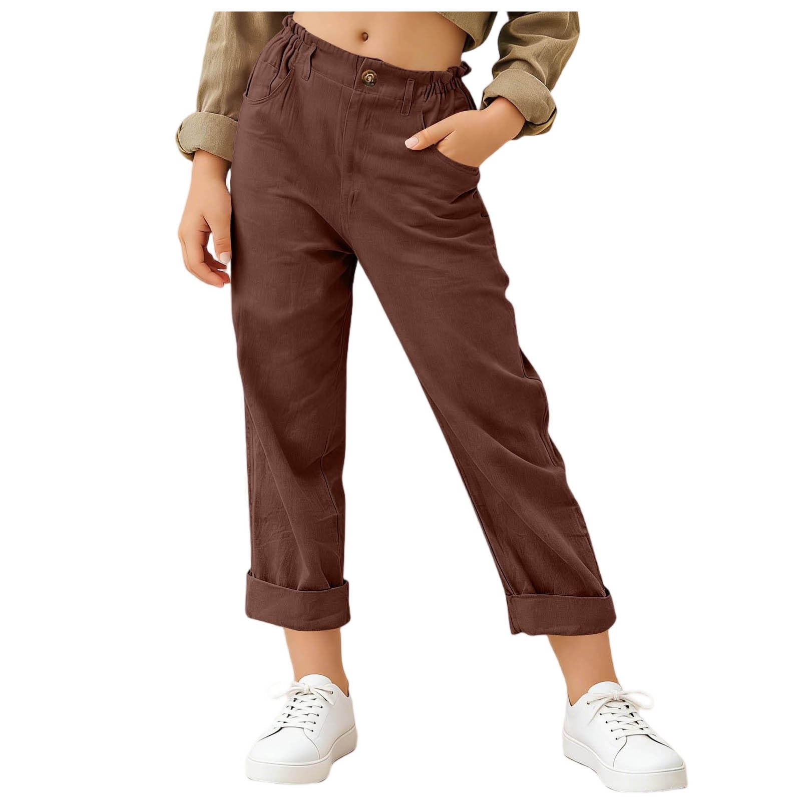 LIaqionyy Girls Cotton Linen Pants Casual High Waist Straight Leg ...