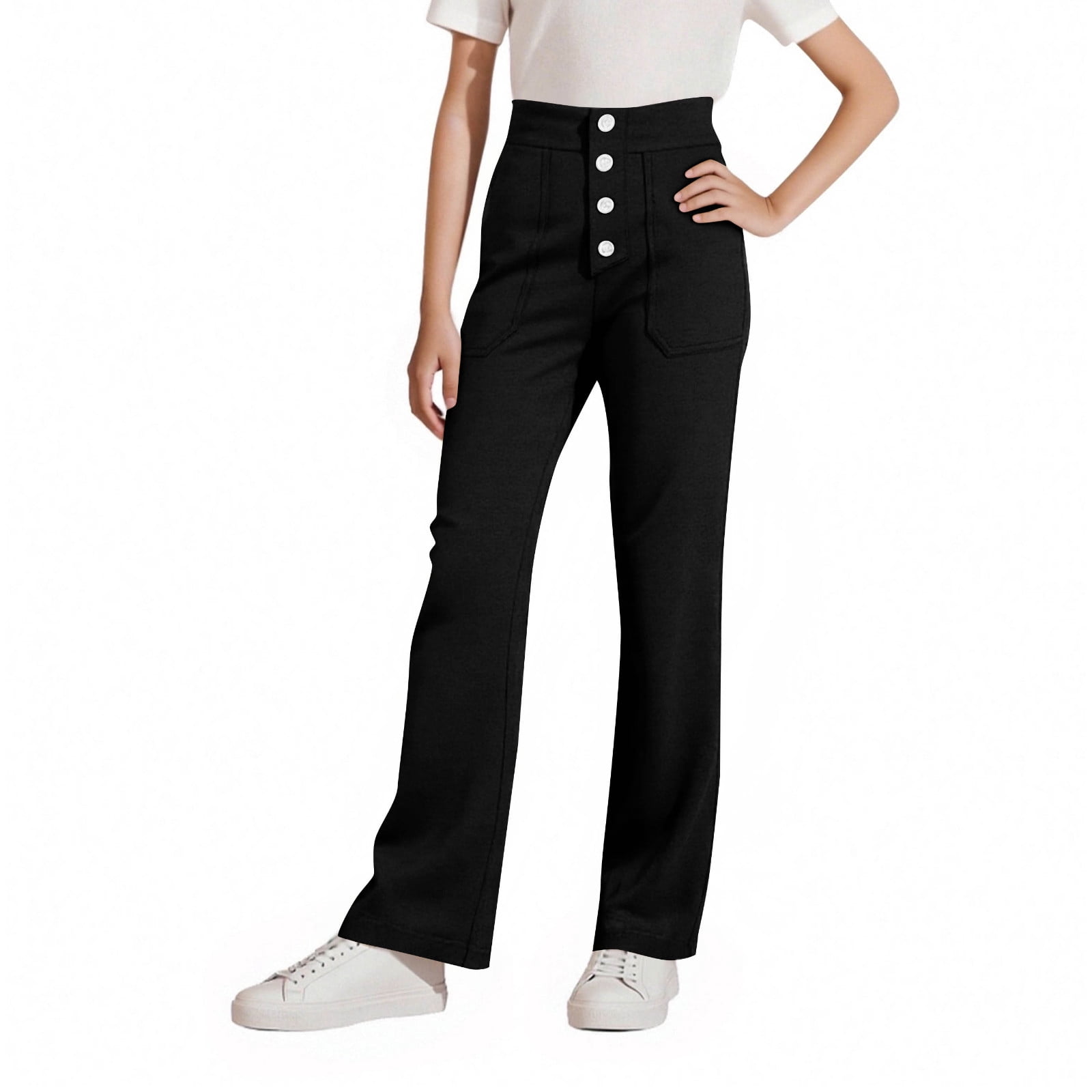 LIaqionyy Girls School Uniform Pants High Waist Button Straight Leg ...