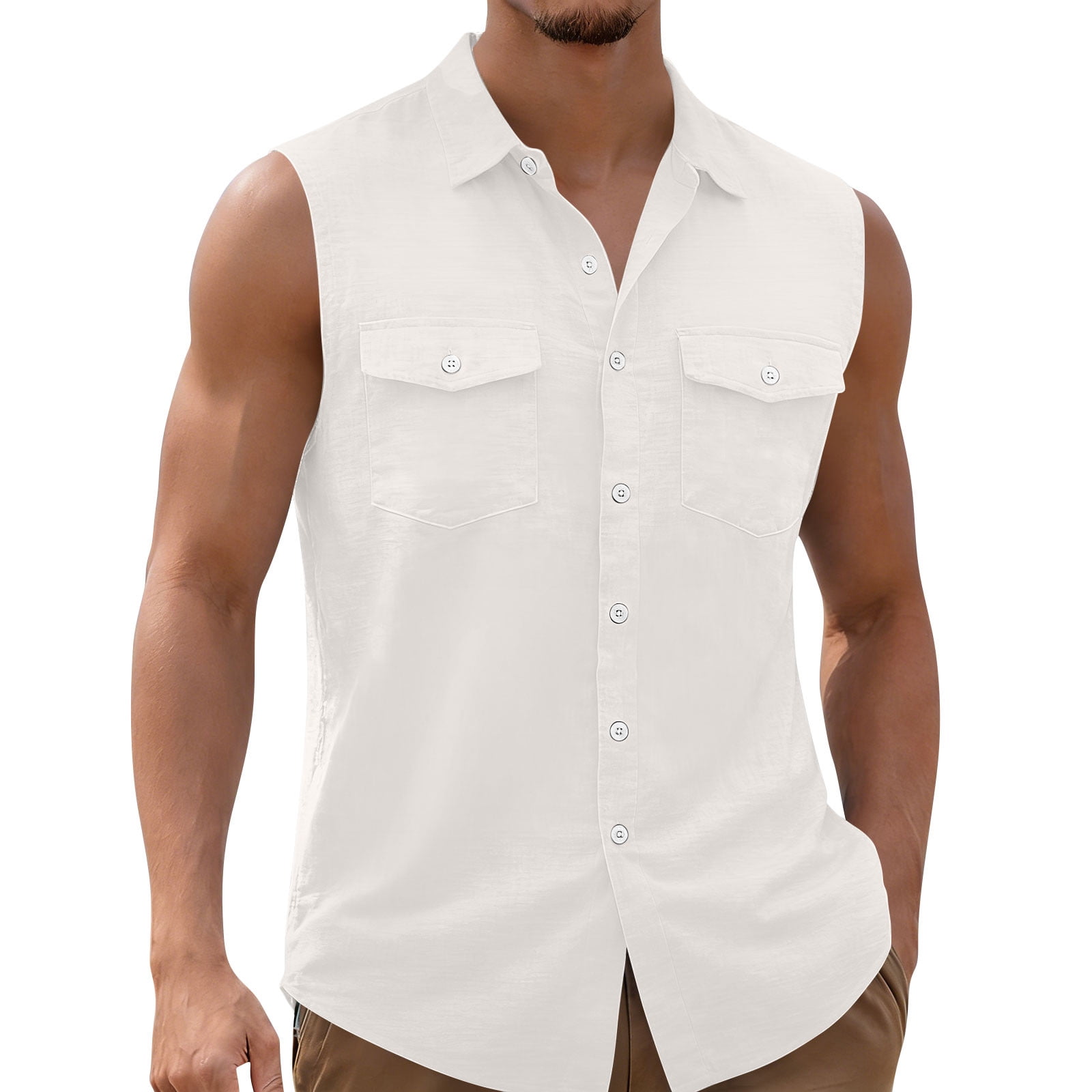 LIaqionyy Men's Cotton Linen Sleeveless Shirts Button down Beach Tank ...