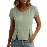 LIaqionyy Tops for Womens Crew Neck Short Sleeve Cotton Linen Cropped ...