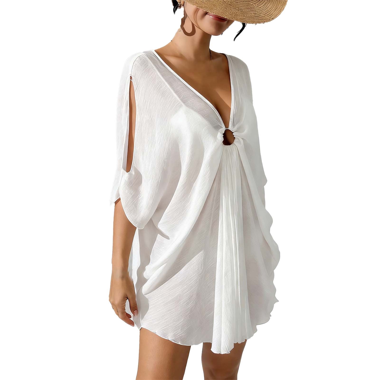LIaqionyy Women Beach Cover up Swimsuit V Neck Loose Flowy Dress ...
