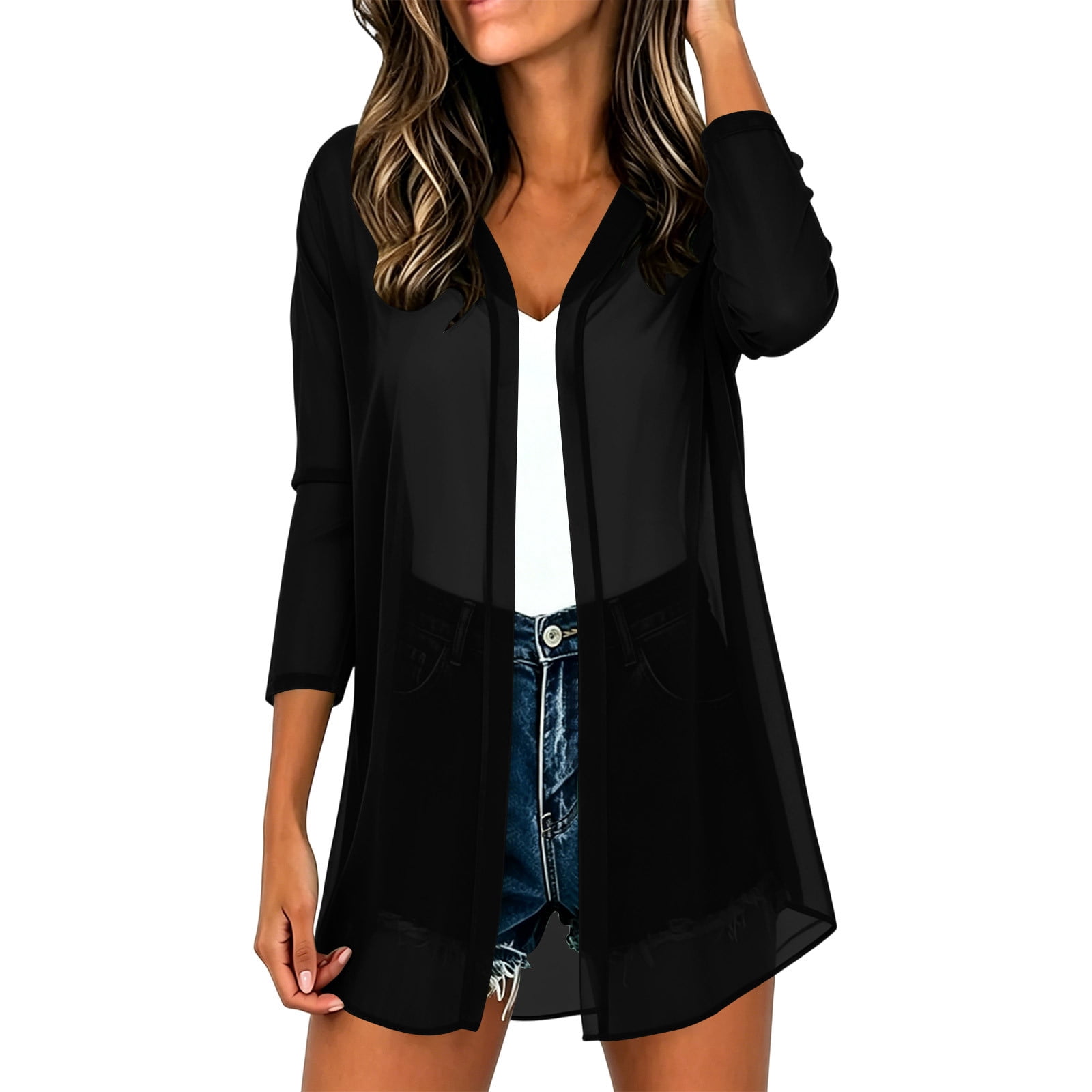 LIaqionyy Women Long Sleeve Cardigan Loose Swimsuit Beach Cover up ...