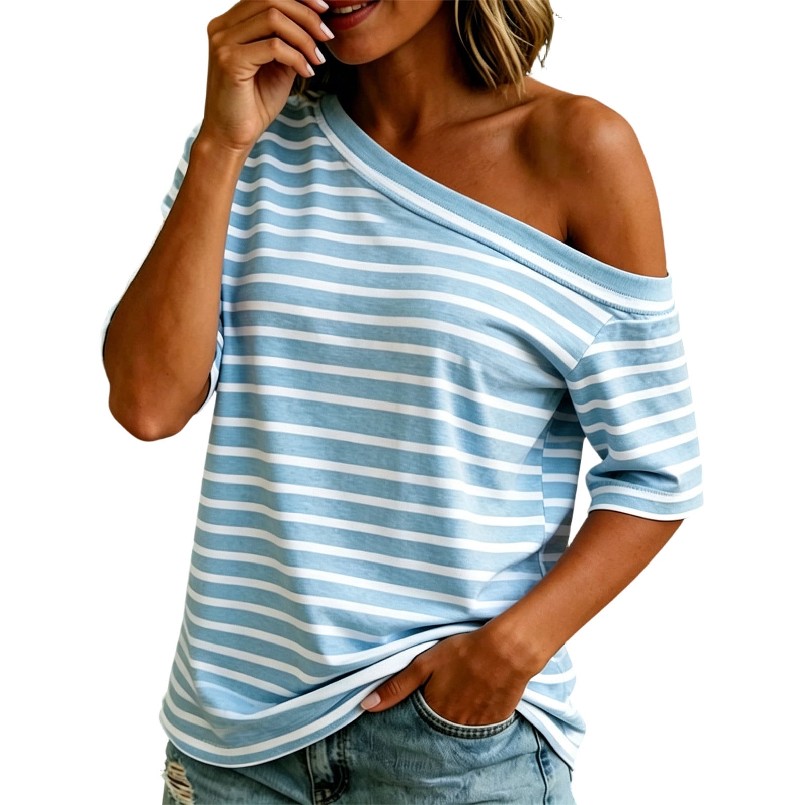 LIaqionyy Women off the Shoulder Striped Tops Short Sleeve Pullover ...